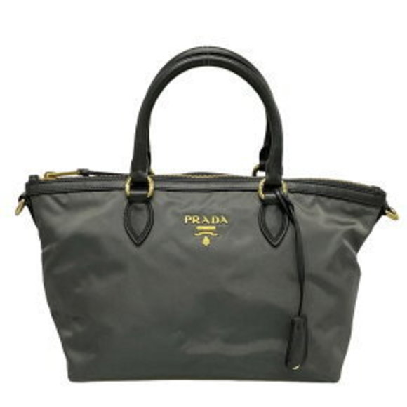 Prada | Bags | Prada Logo Handbag Grey X Black Leather | Poshmark